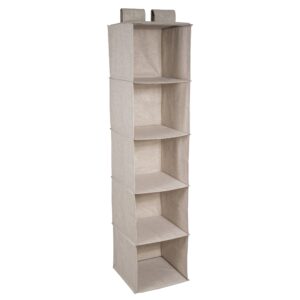 bigso soft storage hanging closet organizer | polyester hanging closet organizers and storage with 5 compartments | clothes organizer that hangs on closet rods | 11.8” x 11.8” x 52.6” | beige