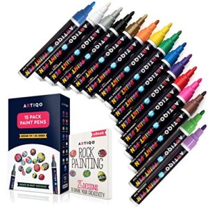 Paint pens for Rock Painting - Wood, Glass, Metal and Ceramic Works on Almost All Surfaces Set of 15 Vibrant Medium tip Oil Paint Marker Pens, Quick Dry, Water Resistant