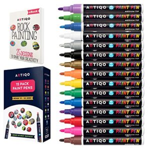 paint pens for rock painting - wood, glass, metal and ceramic works on almost all surfaces set of 15 vibrant medium tip oil paint marker pens, quick dry, water resistant