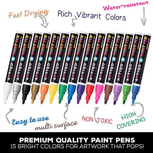 Paint pens for Rock Painting - Wood, Glass, Metal and Ceramic Works on Almost All Surfaces Set of 15 Vibrant Medium tip Oil Paint Marker Pens, Quick Dry, Water Resistant