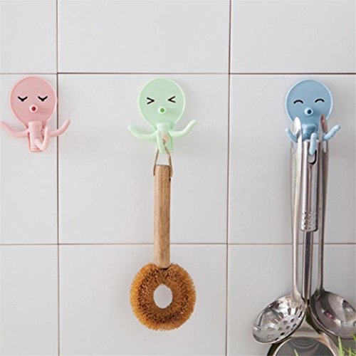 Colorido Cute Cartoon Octopus Kitchen Bathroom Strong Adhesive Towel Hook Wall Hanger Size Medium (Blue)