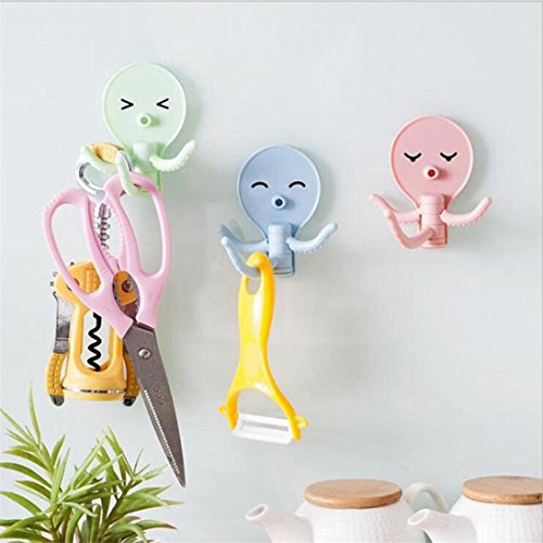 Colorido Cute Cartoon Octopus Kitchen Bathroom Strong Adhesive Towel Hook Wall Hanger Size Medium (Blue)