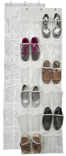 Vinyl Over The Door Shoe Organizer with 24 Reinforced Pockets. Organize Your Shoes with This Shoe Rack Over The Door Organizer and Save Space. Hang on Standard Doors with 3 Steel Over The Door Hooks.