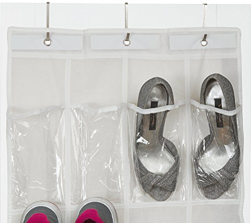 Vinyl Over The Door Shoe Organizer with 24 Reinforced Pockets. Organize Your Shoes with This Shoe Rack Over The Door Organizer and Save Space. Hang on Standard Doors with 3 Steel Over The Door Hooks.