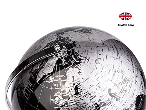 Exerz 8" World Globe Black - Stainless Steel Arc and Base - Educational/Geographic/Modern Desktop Decoration - Metallic Black