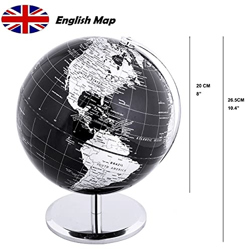 Exerz 8" World Globe Black - Stainless Steel Arc and Base - Educational/Geographic/Modern Desktop Decoration - Metallic Black