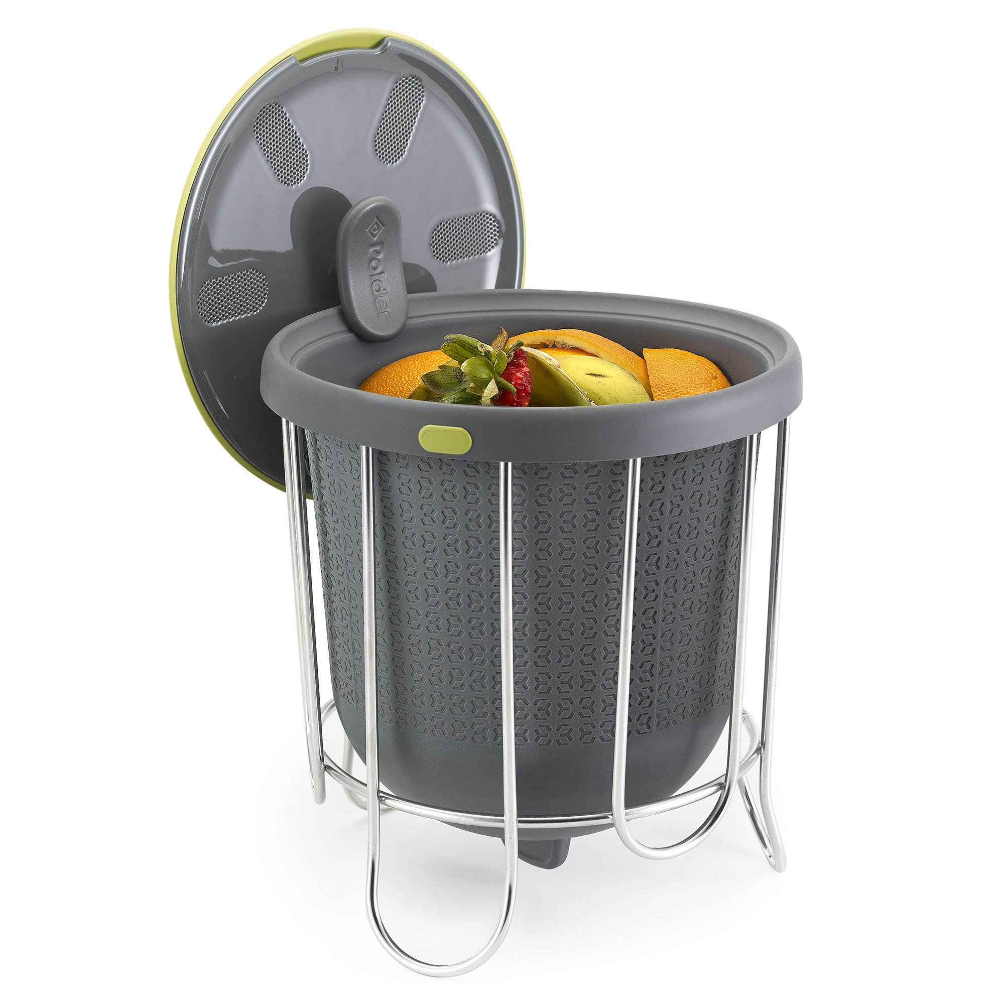 Polder Kitchen Composter-Flexible silicone bucket inverts for emptying and cleaning - no need to touch contents- adjustable lid for ventilation & airflow control, Gray / Green