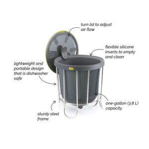 Polder Kitchen Composter-Flexible silicone bucket inverts for emptying and cleaning - no need to touch contents- adjustable lid for ventilation & airflow control, Gray / Green