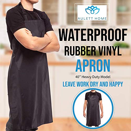 Aulett Home Waterproof Rubber Vinyl Apron Black - 40" Heavy Duty Model - Stay Dry When Dishwashing, Lab Work, Butcher, Dog Grooming, Cleaning Fish - Industrial Chemical Resistant Plastic