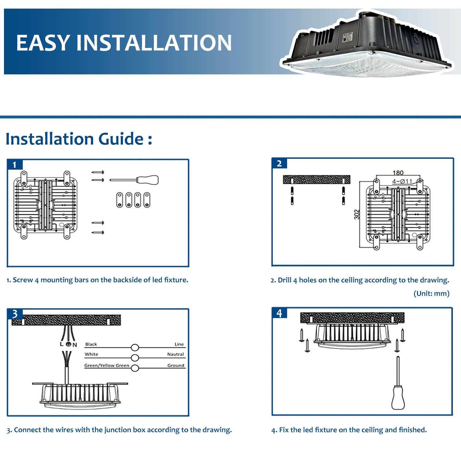 75W LED Canopy Light with UL Listed and DLC Certified,5000K,8625LM,300-350W HPS/HID Canopy Light Replacement,Waterproof and Outdoor Rated,Gas Station, Street, Area & Outdoor Lighting, 5 Year-Warranty.