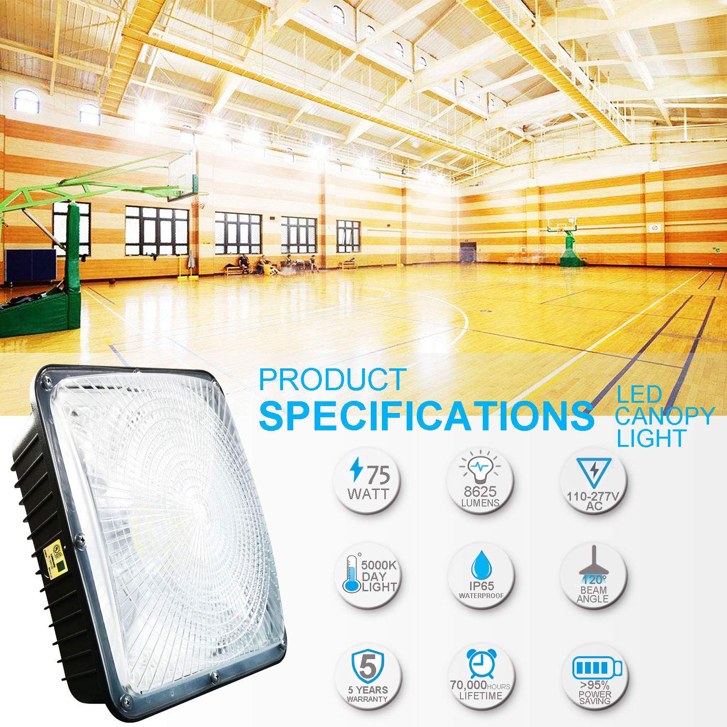 75W LED Canopy Light with UL Listed and DLC Certified,5000K,8625LM,300-350W HPS/HID Canopy Light Replacement,Waterproof and Outdoor Rated,Gas Station, Street, Area & Outdoor Lighting, 5 Year-Warranty.