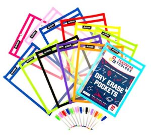 dry erase pockets 12pc [10” x 13”] +free pens +bonus 900 downloadable worksheets! write and wipe reusable plastic sheet protectors for classroom organization & teaching supplies by teachers toolbox