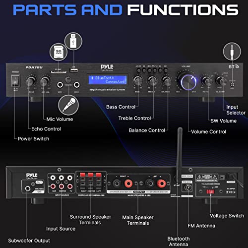 Pyle - PDA7BU (Black) - 5 Channel Rack Mount Bluetooth Receiver, Home Theater Amp, Speaker Amplifier, Bluetooth Wireless Streaming, MP3/USB/SD/AUX/FM Radio, 200 Watt, with Digital ID3 LCD Display