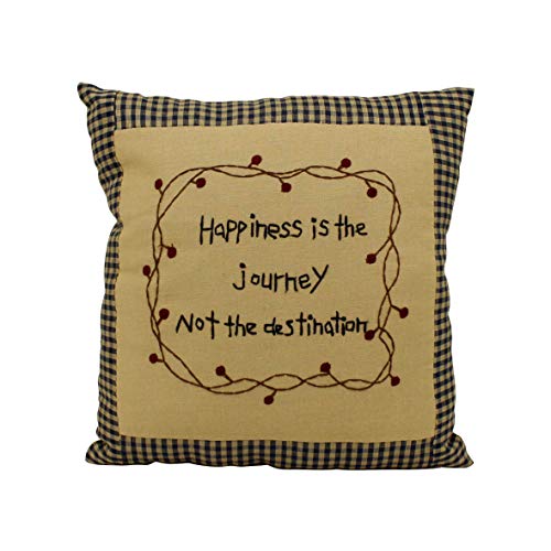 CVHOMEDECO. Rustic “Happiness is The Journey not The Destination” Embroidered Throw Pillow with Berry Vine Decorative Accent. 10 x 10 Inch