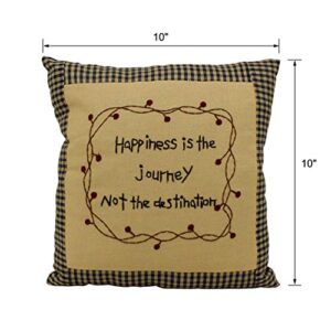 CVHOMEDECO. Rustic “Happiness is The Journey not The Destination” Embroidered Throw Pillow with Berry Vine Decorative Accent. 10 x 10 Inch