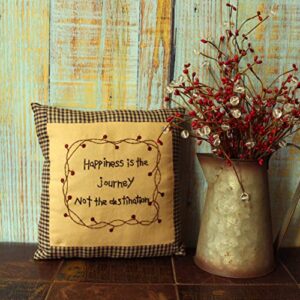 CVHOMEDECO. Rustic “Happiness is The Journey not The Destination” Embroidered Throw Pillow with Berry Vine Decorative Accent. 10 x 10 Inch