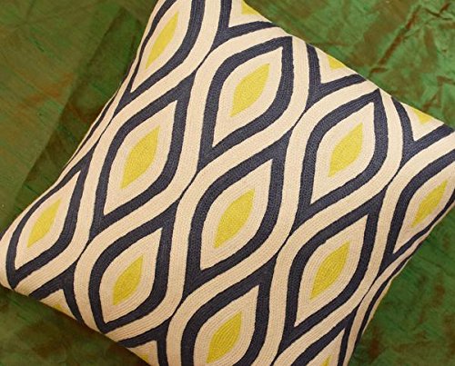 Kashmir Designs Gray Yellow Modern Pillow Cover | Contemporary Pillow for Couch | Abstract Throw Pillows | Modern Outdoor Pillows | Modern Farmhouse Chair Cushion | Hand Embroidered Wool | Size -18x18