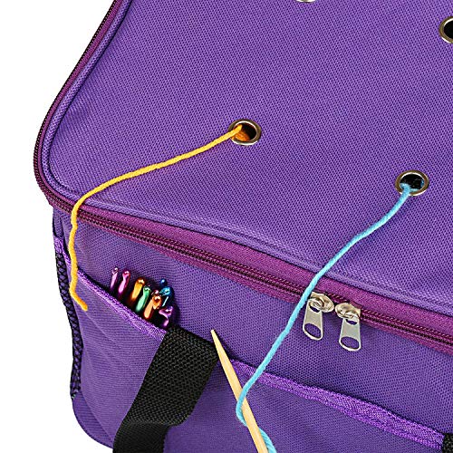 Knitting Bag, LEMESO Yarn Tote Storage Organizer Portable Individual Compartments & High Capacity for Carrying Unfinished Project Crochet Hooks Needles Accessories Purple