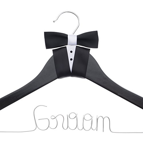 Ella Celebration Groom Hanger for Tuxedo or Suit, Hangers for Bridal Party, Wooden and Wire, Black Wood (Groom)