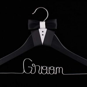 Ella Celebration Groom Hanger for Tuxedo or Suit, Hangers for Bridal Party, Wooden and Wire, Black Wood (Groom)