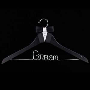 Ella Celebration Groom Hanger for Tuxedo or Suit, Hangers for Bridal Party, Wooden and Wire, Black Wood (Groom)