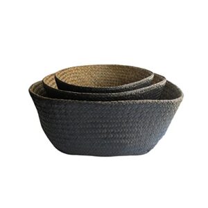 Set of 3 Seagrass Woven Baskets with Handles, Natural/Black