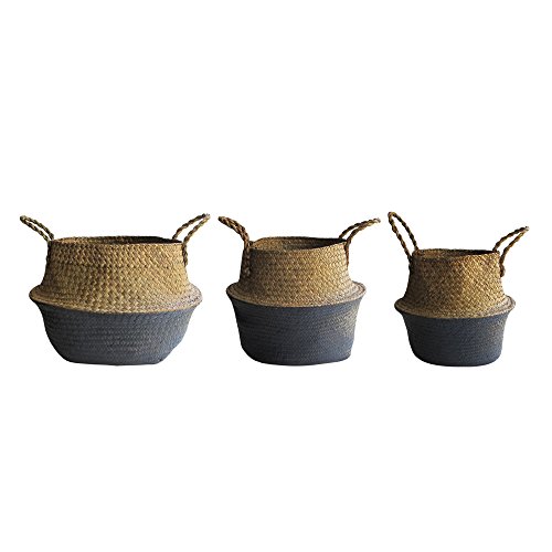 Set of 3 Seagrass Woven Baskets with Handles, Natural/Black