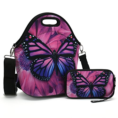 Insulated Neoprene Lunch Bag-Removable Shoulder Strap-X Large Size Reusable Thermal Thick Lunch Tote/Lunch Box/Cooler Bag With Wallet Pouch For Women,Teens,Girls,Kids,Baby,Adults (Purple Butterfly)