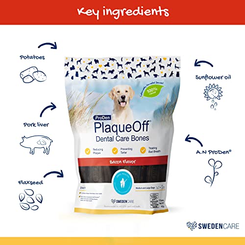 ProDen PlaqueOff System Dental Care Bones - Dog Teeth Cleaning Bones for Oral Hygiene - Supports Fresh Breath & Healthy Mouth for Dogs - Medium/Large Canine Formula - Bacon Flavor - 17 oz