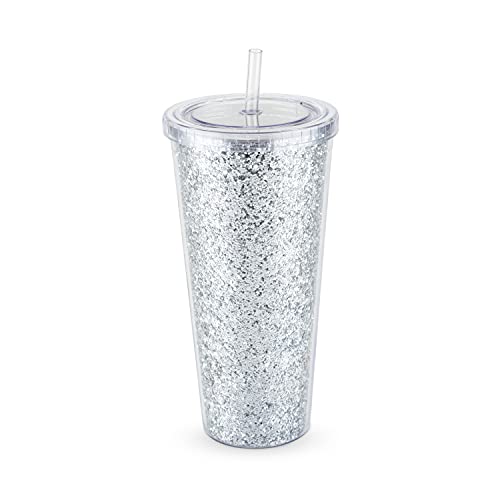 Blush Silver Glam Double Walled Glitter 24oz Tumbler | Reusable, Leak-Proof, Travel, Clear Plastic, Slim, Iced Coffee Cup with Silicone Seal, Screw-On-Lid, and Straw, 1 Count (Pack of 1)