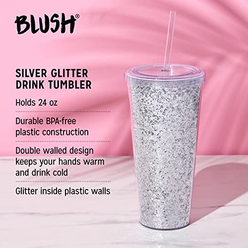 Blush Silver Glam Double Walled Glitter 24oz Tumbler | Reusable, Leak-Proof, Travel, Clear Plastic, Slim, Iced Coffee Cup with Silicone Seal, Screw-On-Lid, and Straw, 1 Count (Pack of 1)