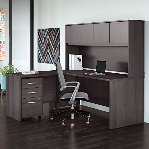 Studio C 72W x 30D L Shaped Desk with Hutch, Mobile File Cabinet and 42W Return in Storm Gray