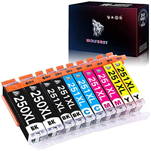 Wolfgray 10 Packs (2Large BK+2BK+2C+2M+2Y) Compatible Ink Cartridge PGI-250XL CLI-251XL 250xl 251xl Works for PIXMA MX922 MG5522 MG5620 MG6620 MG6600 MX920 iX6820 iP7220 (2Set)