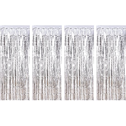 4 Pack Foil Curtains Metallic Fringe Curtains Shimmer Curtain for Birthday Wedding Disco Party Decorations (Silver)