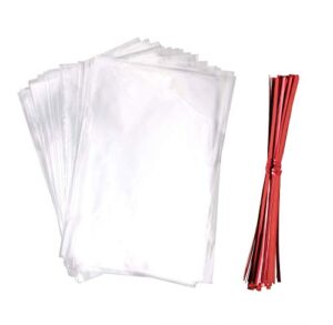 mini skater 5 x 7 inch clear flat opp cello cellophane treat bags with 100pcs red twist ties for wedding gift candy cookie bakery bread dessert, 100pcs