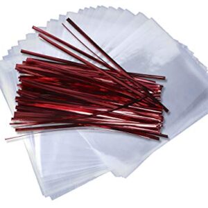 Mini Skater 5 x 7 Inch Clear Flat OPP Cello Cellophane Treat Bags With 100Pcs Red Twist Ties For Wedding Gift Candy Cookie Bakery Bread Dessert, 100Pcs