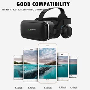 VR Headset Virtual Reality Headset w/Headphones for iPhone 14 13 12 11 X 8 7 6 Plus SE, Samsung Galaxy S8 S7 S6 Edge Note5, 3D VR Glasses for 3D Movie & Game for 4.0-6.0” iOS & Android Smartphone