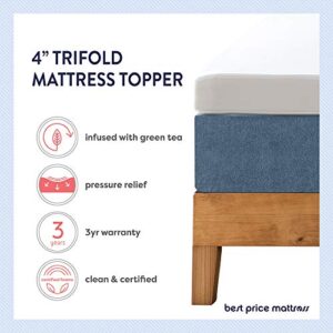 Best Price Mattress 4 Inch Trifold Memory Foam Mattress Topper with Cover, CertiPUR-US Certified, Twin XL,White