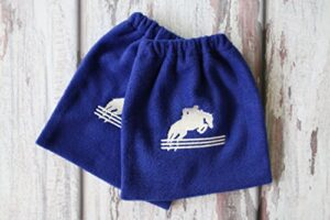 english stirrup covers, stirrup bag, equine iron covers, elastic closing, royal, embroidered jumping horse and rider, royal