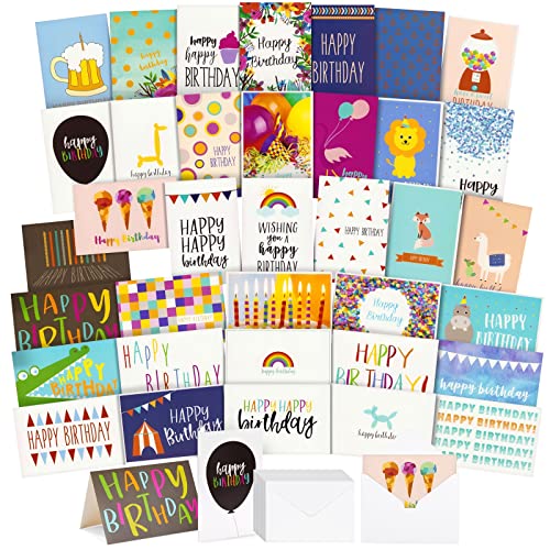 Best Paper Greetings 144 Pack Happy Birthday Cards in 36 Designs, Blank Inside with Envelopes for Businesses, Men, Women, and Kids (4x6 In)