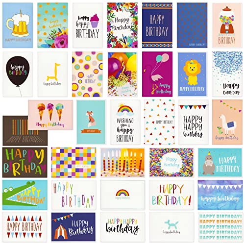 Best Paper Greetings 144 Pack Happy Birthday Cards in 36 Designs, Blank Inside with Envelopes for Businesses, Men, Women, and Kids (4x6 In)