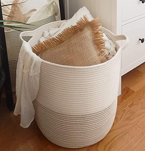 GooBloo Large Cotton Rope Woven Storage Basket - 18” x 16” Tall Decorative Cotton Rope Basket for Living Room, Toys or Blankets - Wicker Baskets with Handles - Cute Baby Laundry Hamper