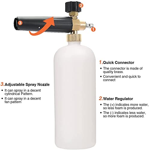 Adjustable Foam Cannon 1 Liter Bottle Snow Foam Lance with 1/4" Quick Connector Foam Blaster for Pressure Washer Gun,Heavy Duty Brass Knob