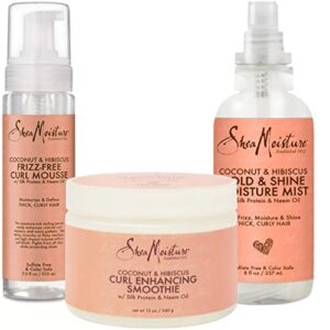 sheamoisture curly hair products, coconut & hibiscus bundle includes frizz free curl mousse 7.5 fl oz, curl enhancing smoothie 12 oz, hold & shine moisture mist 8 fl oz, hair styling products