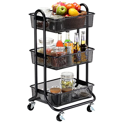 DESIGNA 3-Tier Rolling Utility Cart Storage Shelves Multifunction, Metal Mesh Baskets, Pantry Cart with Lockable Wheels, Black