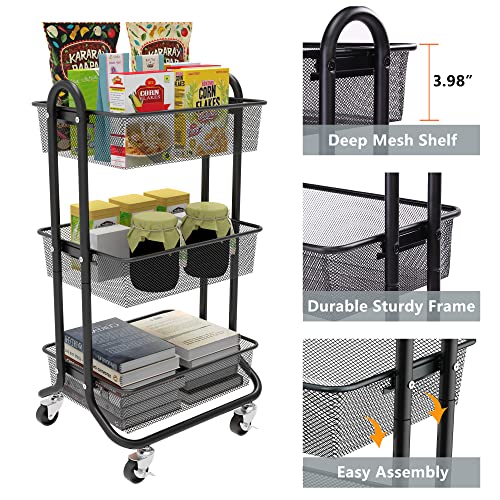 DESIGNA 3-Tier Rolling Utility Cart Storage Shelves Multifunction, Metal Mesh Baskets, Pantry Cart with Lockable Wheels, Black