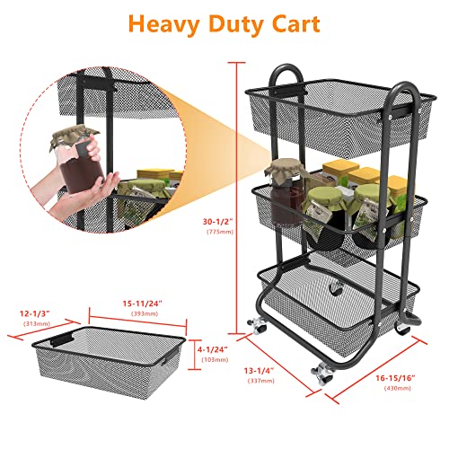 DESIGNA 3-Tier Rolling Utility Cart Storage Shelves Multifunction, Metal Mesh Baskets, Pantry Cart with Lockable Wheels, Black