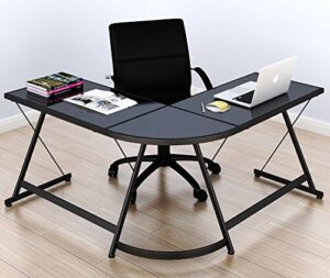 shw gaming desk computer l-shape corner studio table, black, glass top