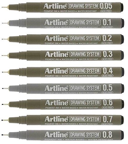 Artline Black Drawing Pens Technical Fineliners - Premium Architect Grade - Pack 9