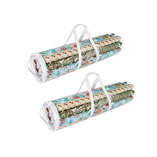 Elf Stor Gift Wrapping Paper Roll Storage Bags 31" long, 2 pk Clear Totes with Handles, fits up to 25 pcs gift wrap paper roll in each bag